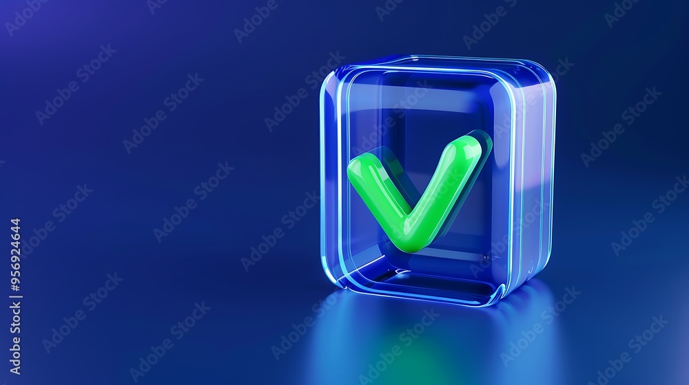 3D green check mark inside transparent blue cube on dark blue ...