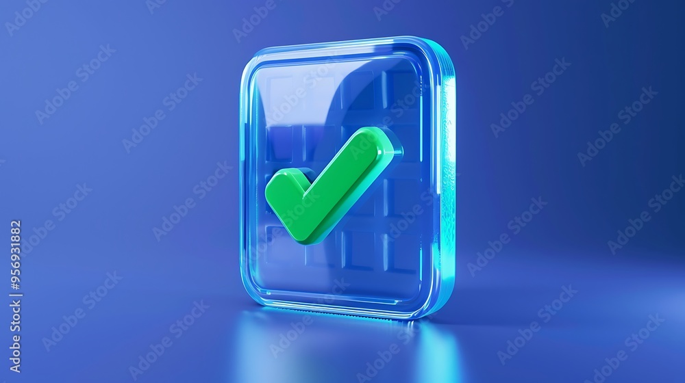 3D rendered green check mark icon in a glass-like blue square on a ...
