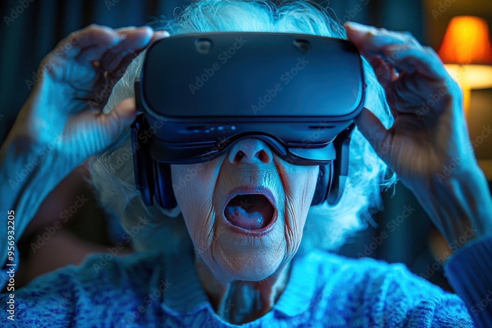 Elderly woman trying out VR goggles, her face alight with wonder and ...