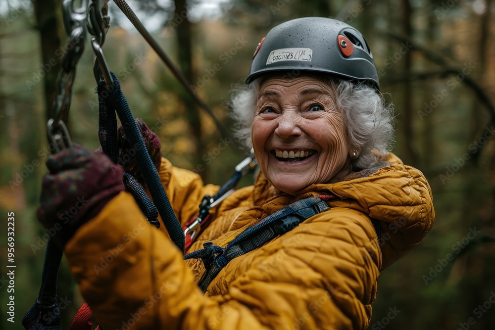 Elderly woman zip-lining through a forest, laughing with exhilaration ...