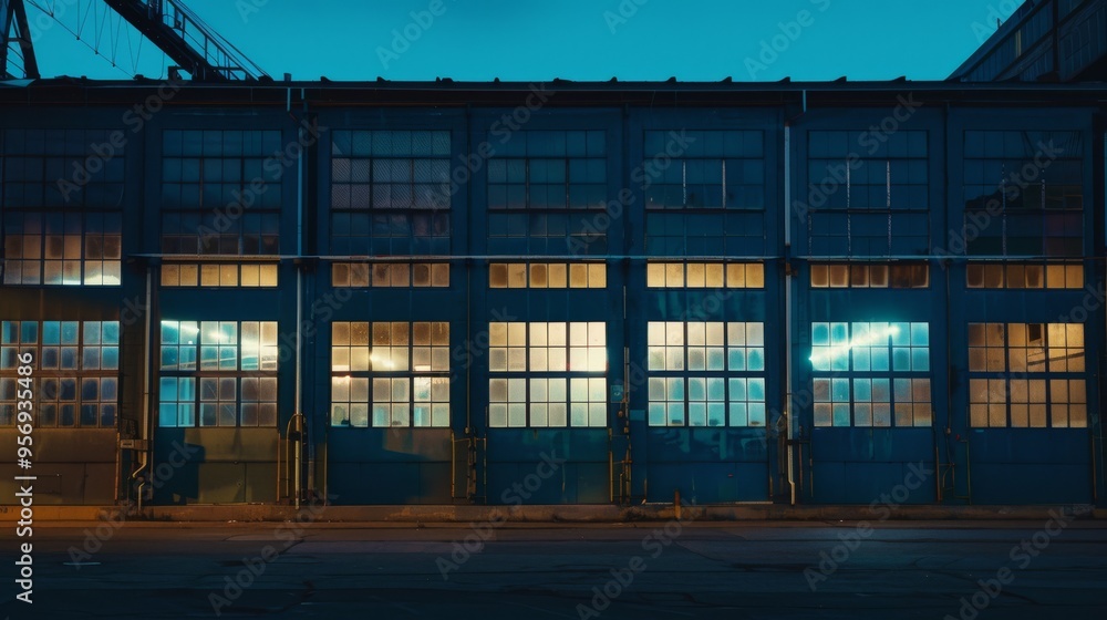 Dimly lit exterior of an old factory with large windows glowing warmly ...