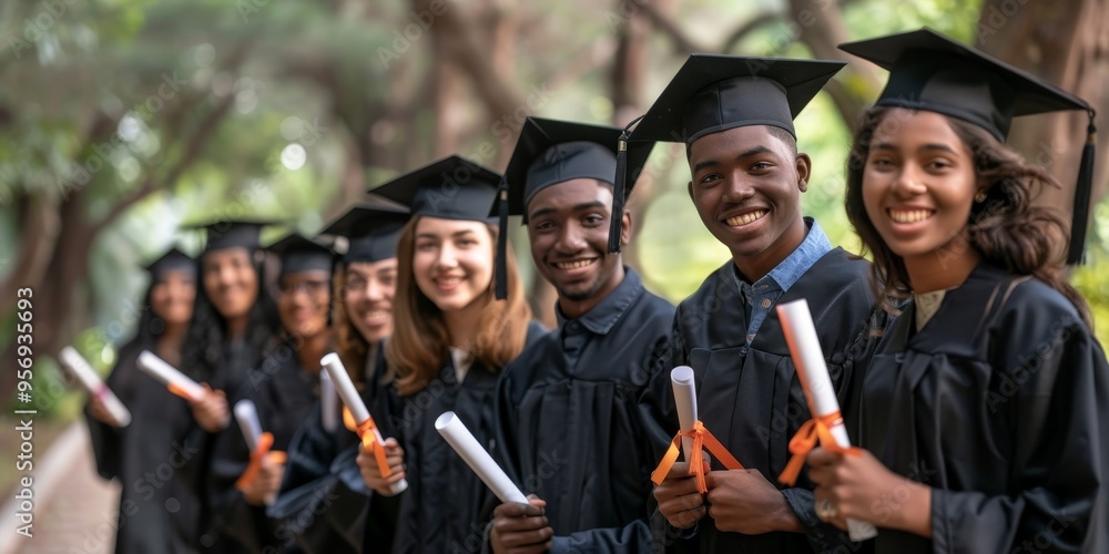 A group of diverse students celebrating graduation day with smiles and ...
