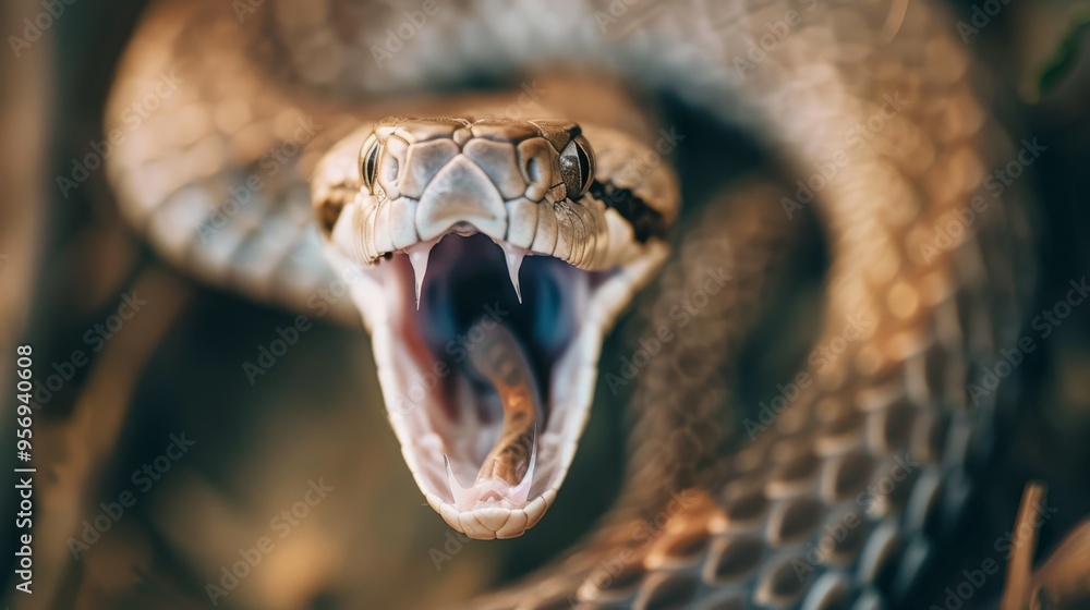 A snake with its mouth wide open, revealing sharp fangs, coiled in a ...