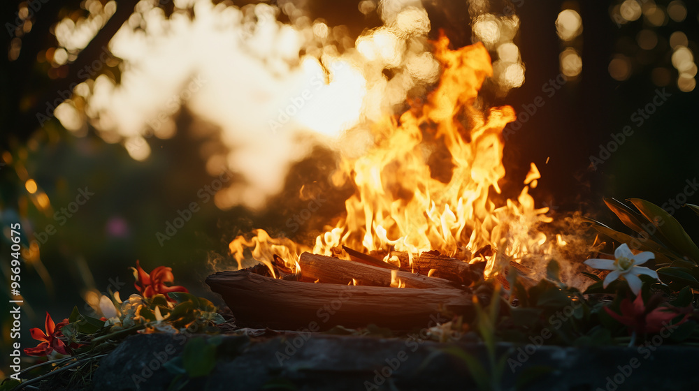 Funeral pyre with flowers in a forest setting, sacred and respectful ...