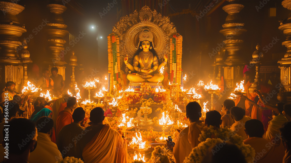 A grand Vijayadashami celebration in an ancient Indian temple, with a ...