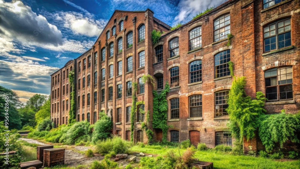 Rustic, abandoned textile mill with worn brick facade, broken windows ...