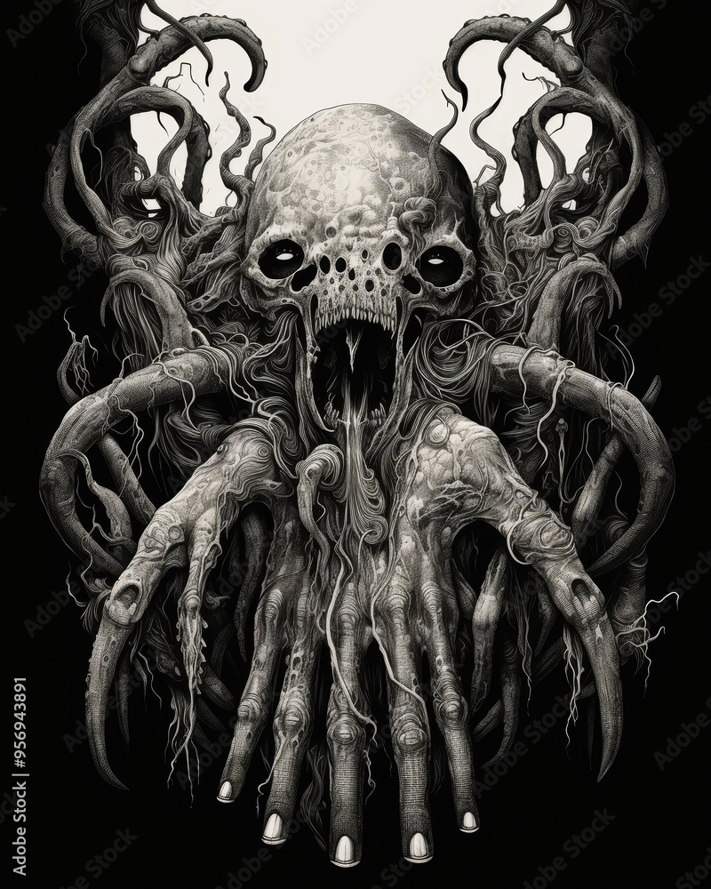 An intricate, dark, black-and-white illustration of a skeletal figure ...