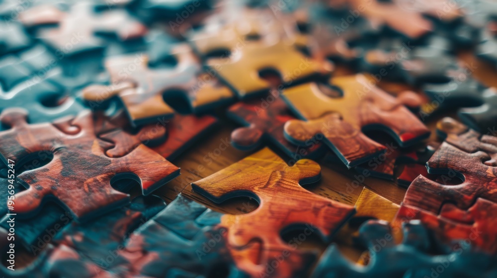 A close-up of colorful jigsaw puzzle pieces scattered on a table ...