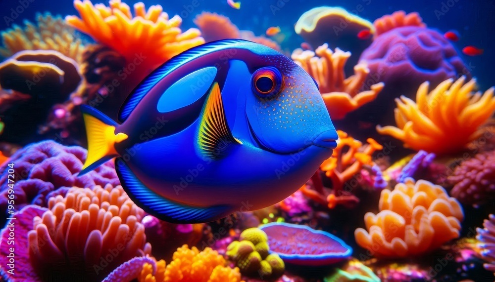 A close-up of a regal tang, also known as a blue tang, swimming amidst ...