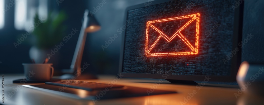 A modern workspace with a glowing email icon on a computer screen ...