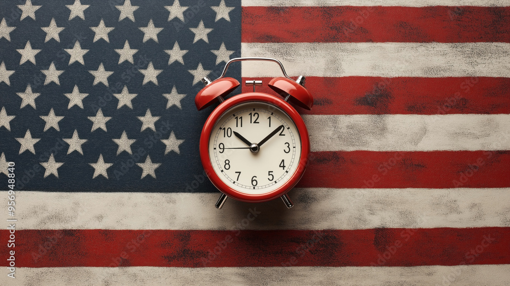 Red alarm clock centered on a distressed American flag background ...