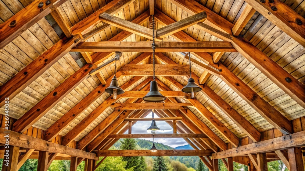 Rustic wooden truss system with exposed beams and wooden brackets ...