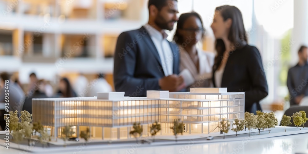 A commercial property developer presenting a scale model of a new ...