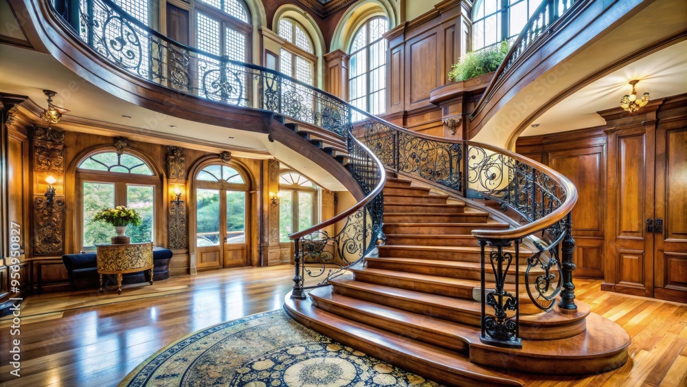 Grand, curved staircase with ornate iron railings and polished wood ...