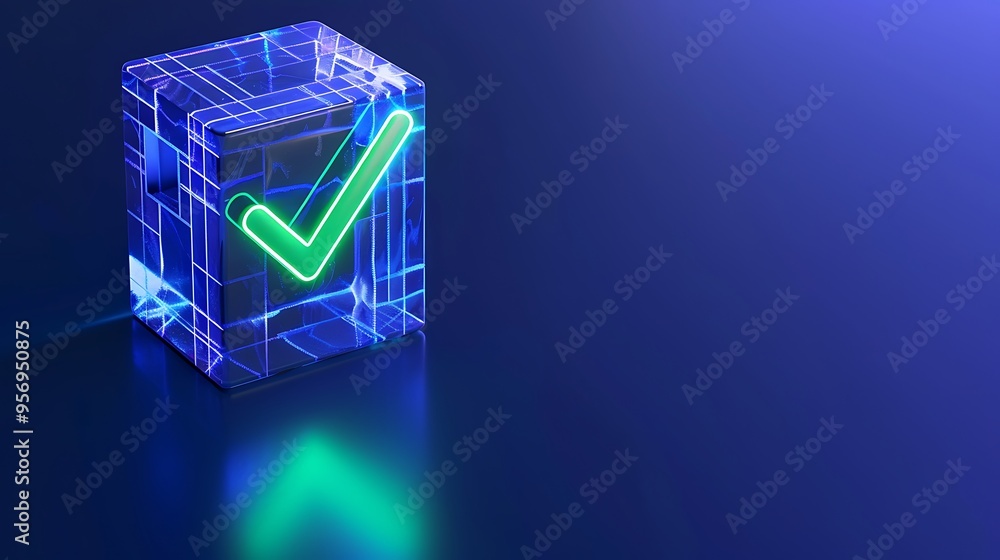 Digital glowing green check mark within a transparent cube on a blue ...