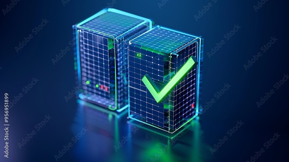 Digital illustration of two servers with a green checkmark ...