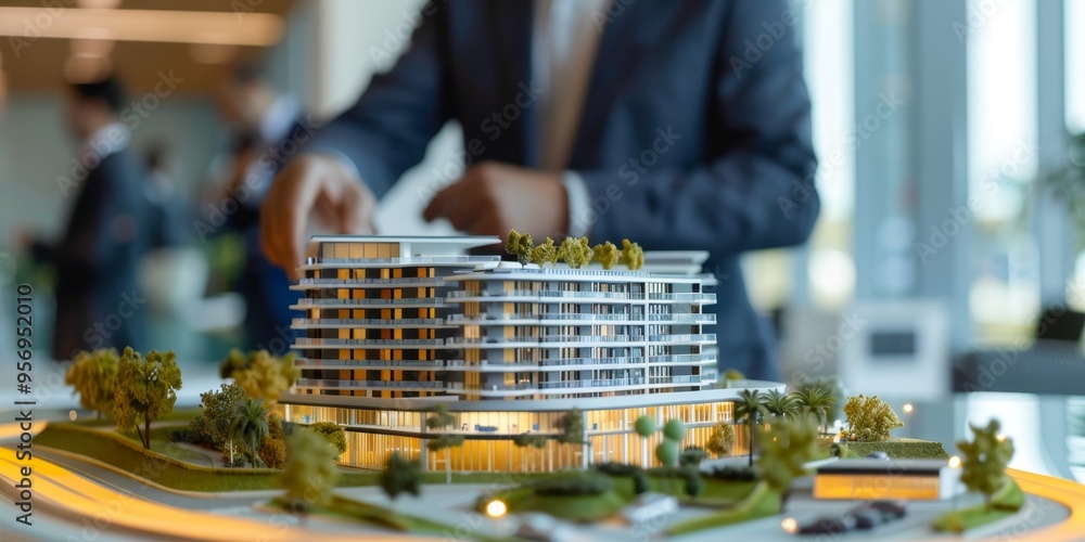 A commercial property developer presenting a scale model of a new ...