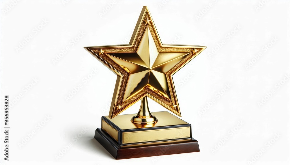 A gleaming golden star award trophy stands proudly on a polished wooden ...