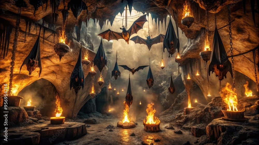A dark and ominous abandoned cave filled with eerie shadows and ...