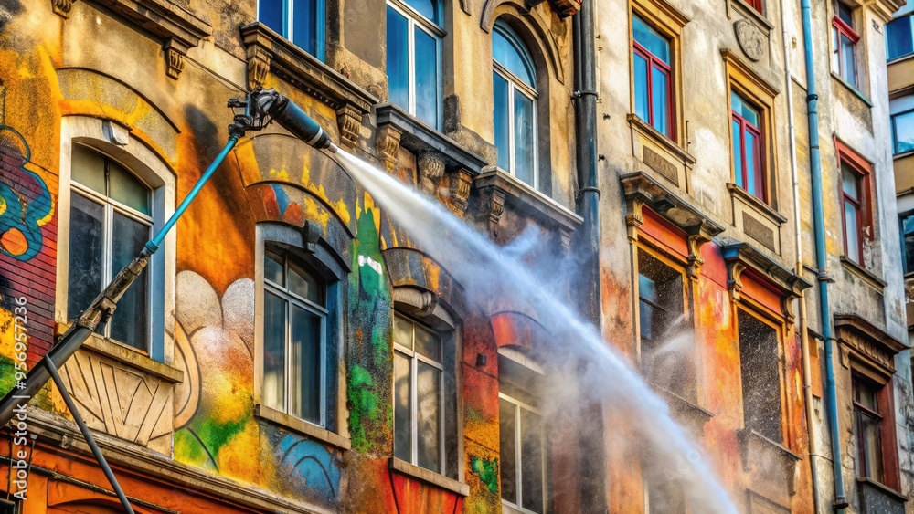 High-pressure water jet sprays against grimy urban building facade ...