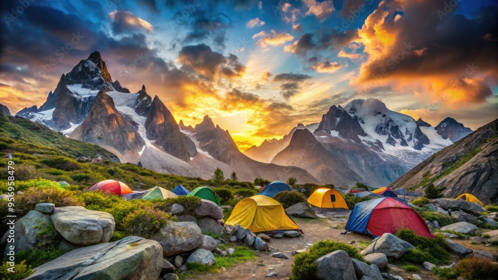 Serene dawn breaks over a remote mountain basecamp, with colorful tents ...
