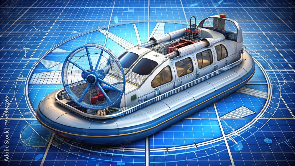 Illustrated blueprints of a futuristic hovercraft showcase its advanced ...