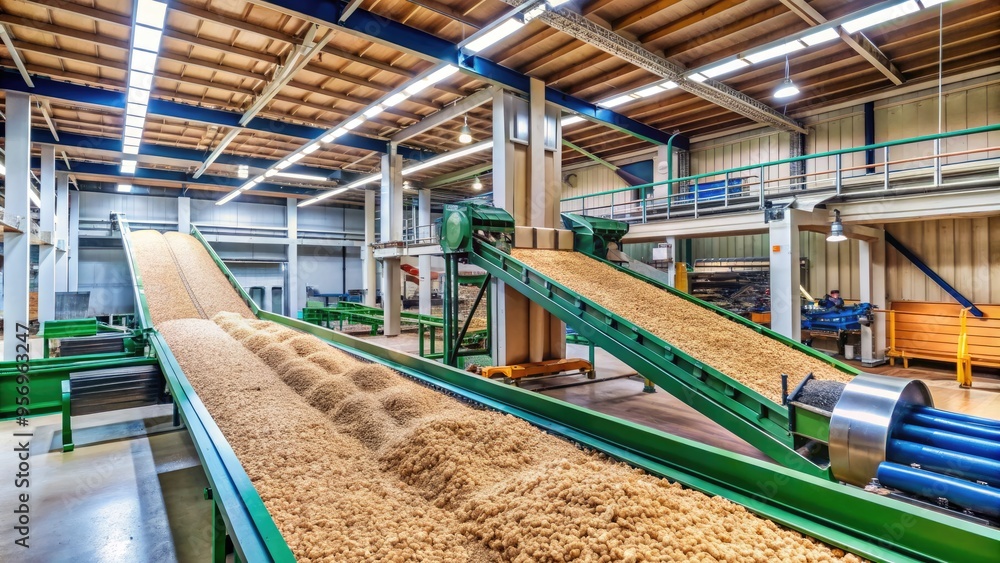 Industrial machinery with conveyor belts and pipes produces uniform ...