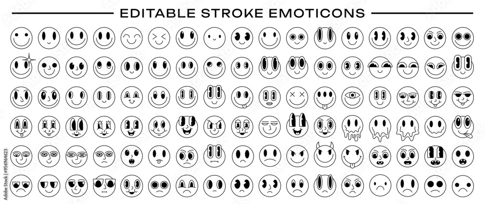 Set of linear emoji faces icons. Comic Emoticons Signs Vector Design ...