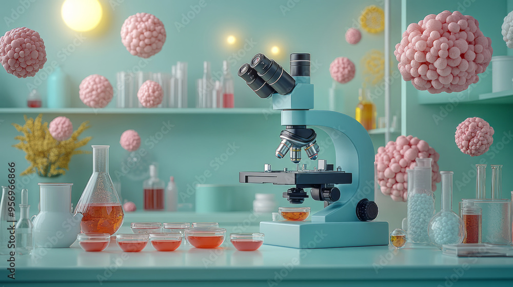 A detailed 3D scene of a biologistâ€™s lab with petri dishes showing ...