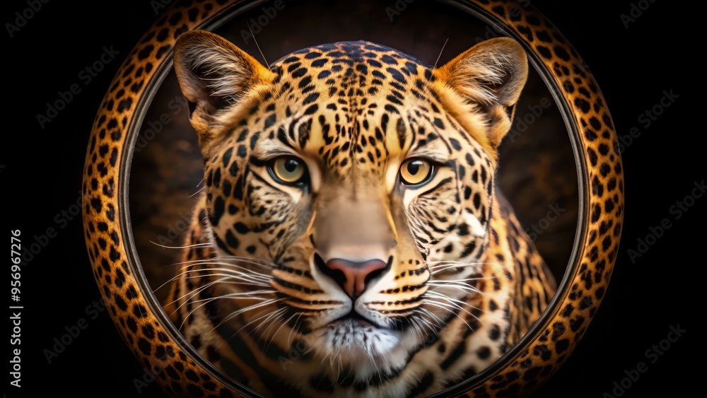 A majestic leopard's face is centered within a perfect circle, its ...
