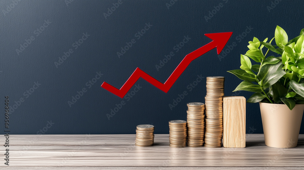 Sales graphs with a red arrow ascending illustrate a significant rise ...