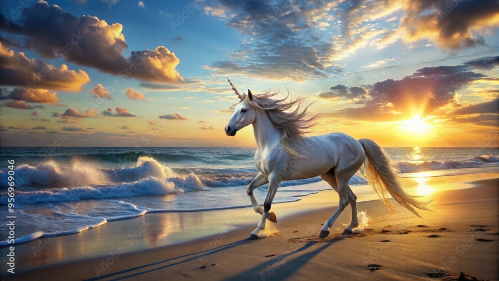 A majestic, shimmering unicorn with a radiant horn and flowing mane ...