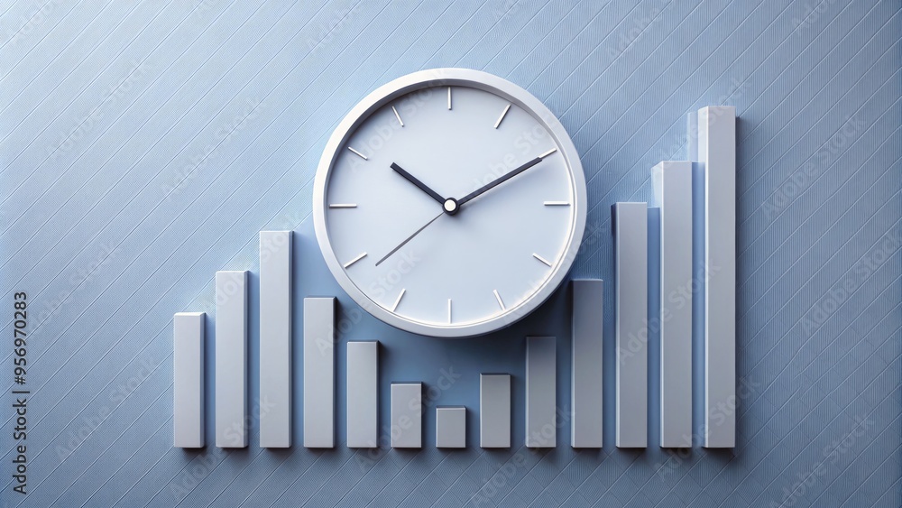 A modern clock face overlaps a stylized graph with rising bars ...