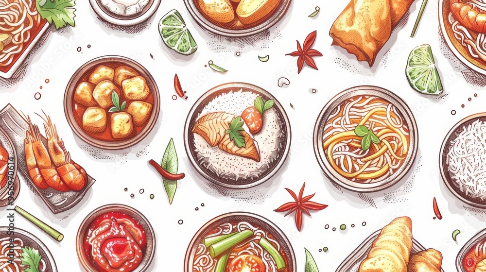 Hand-drawn seamless pattern of Thai street food like fried noodles ...
