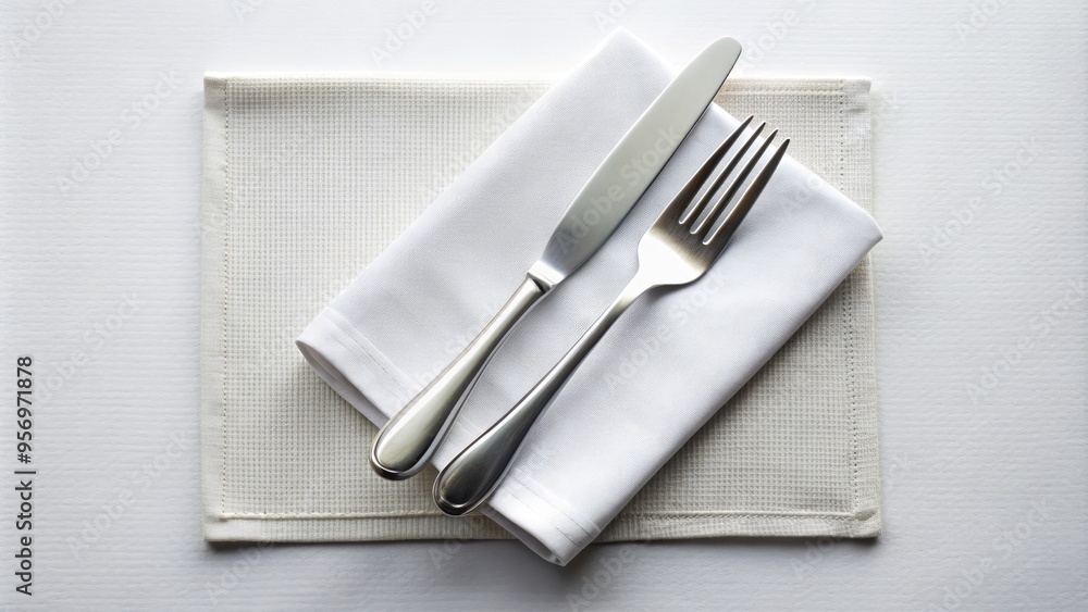 Silverware laid out on a crisp white tablecloth, a fork and knife ...