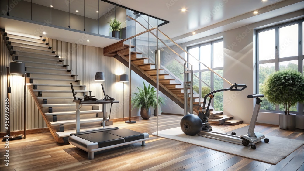 Low-angle view of a sleek, modern exercise machine with gleaming metal ...
