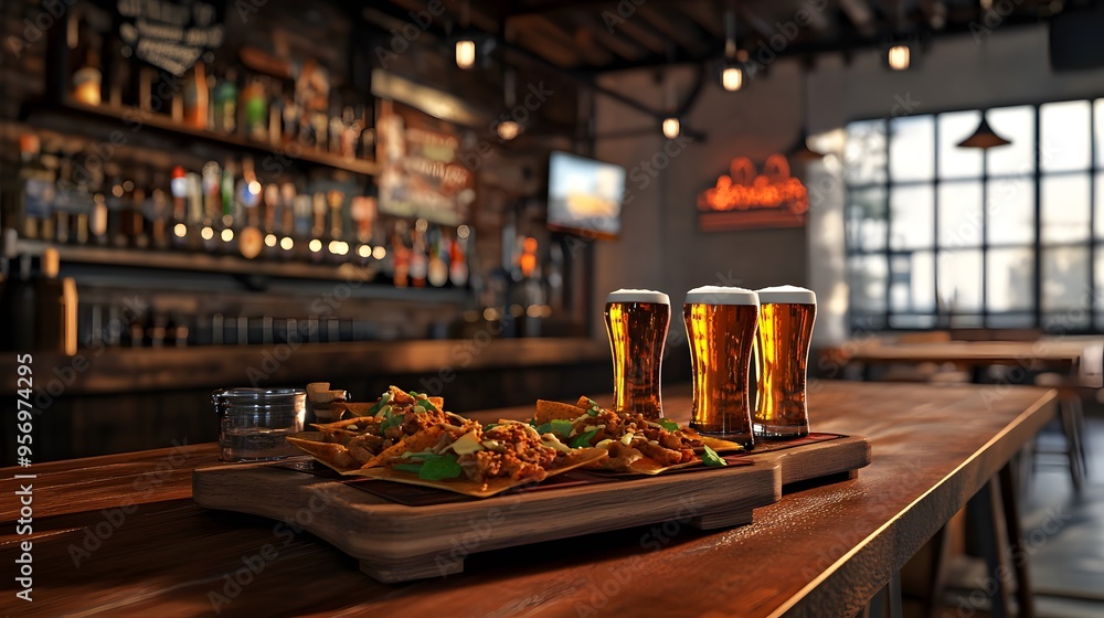 A pub interior with warm wood textures and 3D-rendered craft beer ...