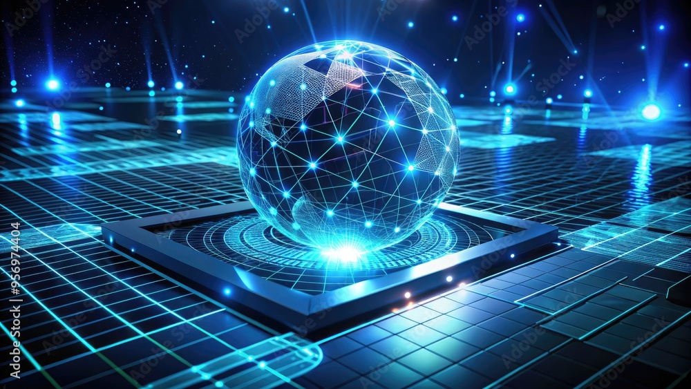 Sleek futuristic 3D modeling software interface with glowing blue grids ...