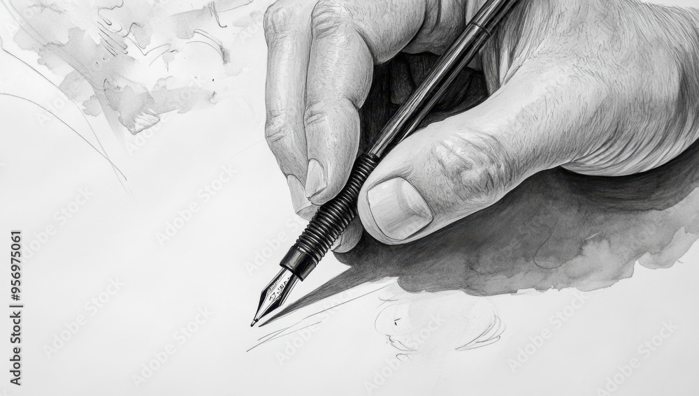 A hand holding an ink pen, writing on paper The drawing is in black and ...
