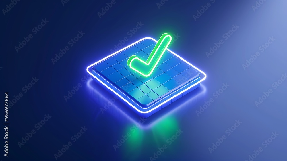 Neon checkmark on a digital pad with a blue background, representing ...