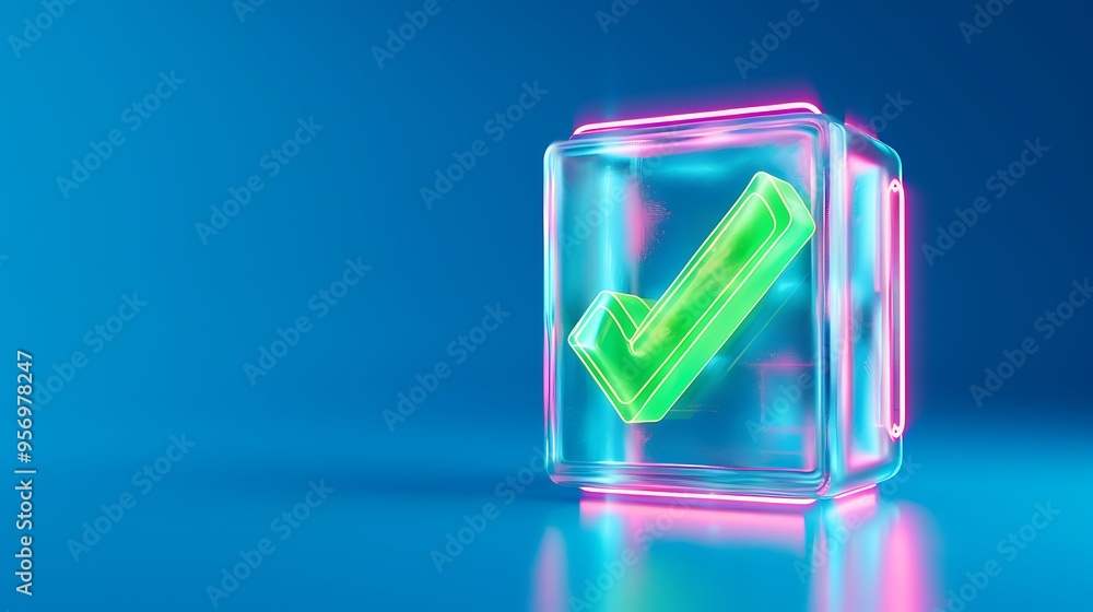 Neon green check mark inside a transparent cube with neon pink outlines ...