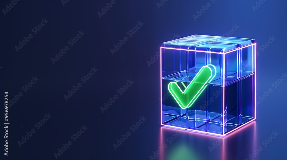 Neon green check mark inside a transparent blue cube, symbolizing ...