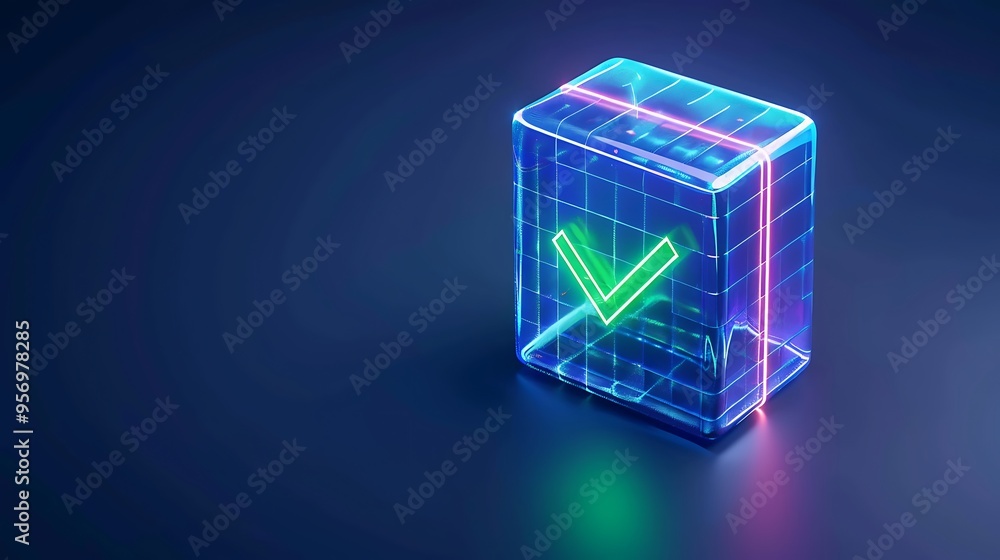 Neon green check mark inside transparent cube with digital grid on dark ...