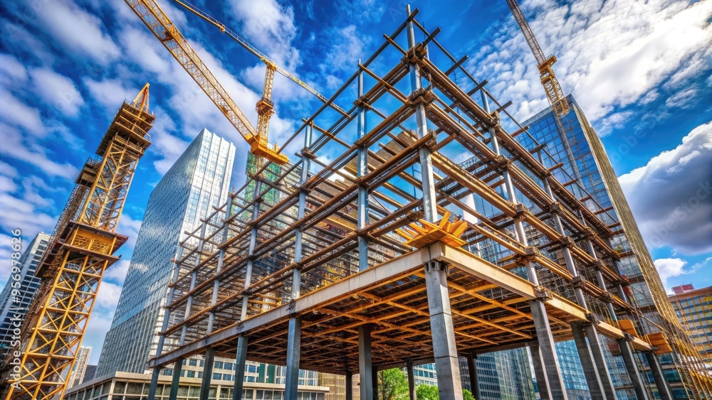 Massive steel beam supported by temporary scaffolding rises towards the ...