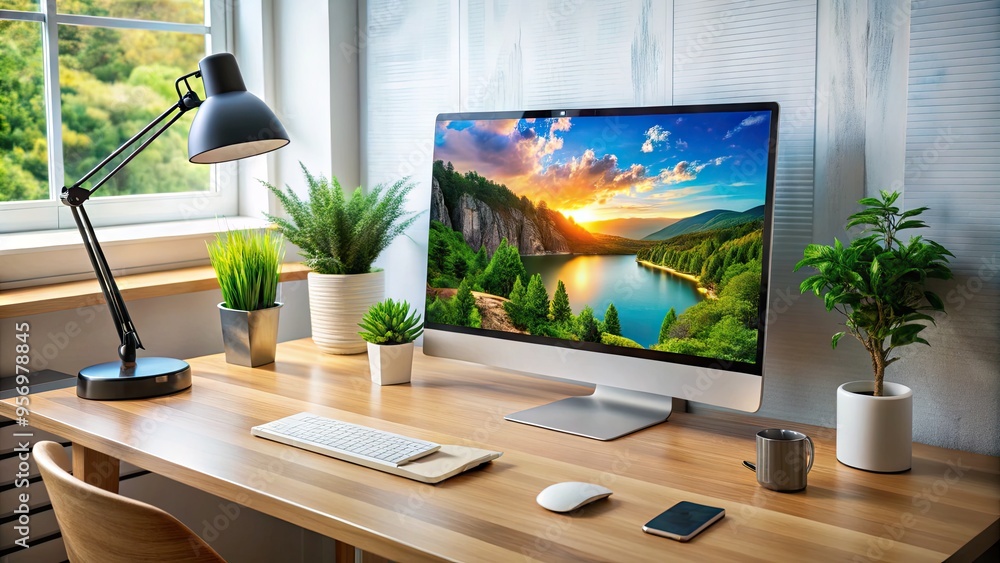 A sleek, modern computer monitor displays a vibrant image, connected to ...