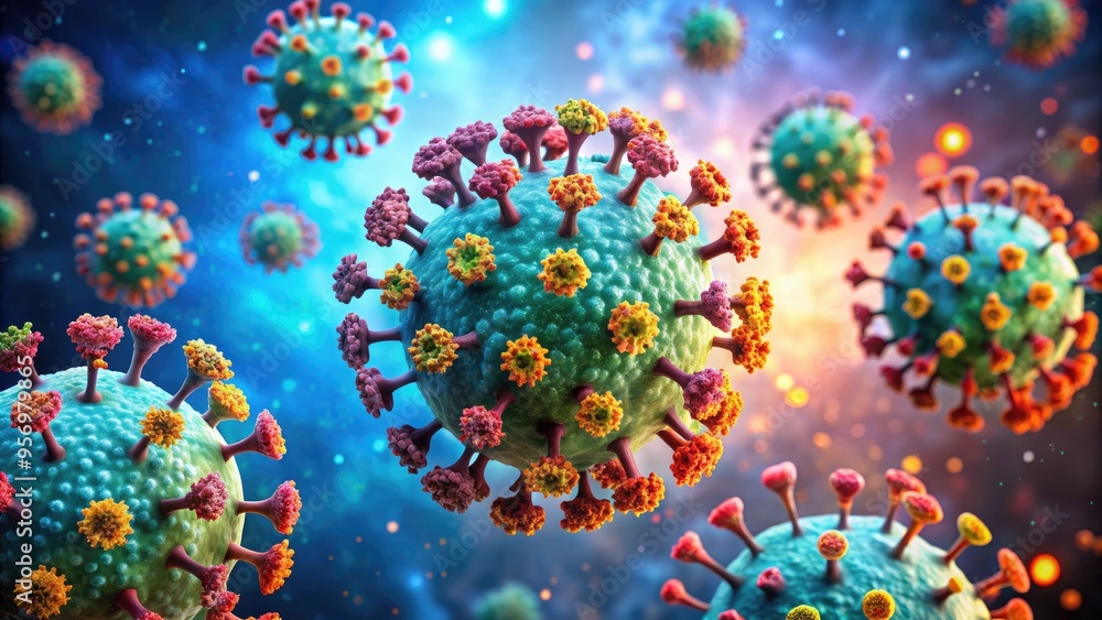 Microscopic illustration of SARS-CoV-2 virus particles interacting with ...