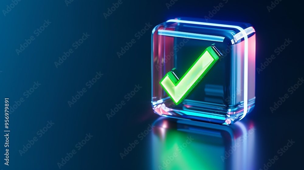 Stylized green checkmark glowing inside a transparent 3D cube on a ...
