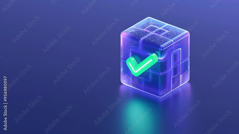 Transparent digital cube with a glowing green check mark in the middle ...