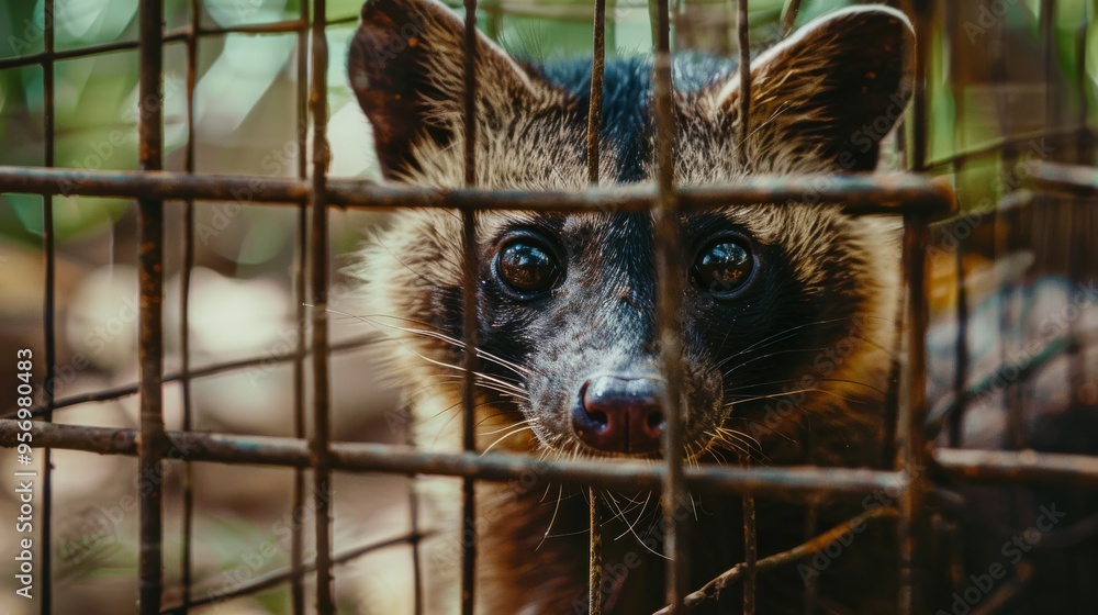 A close-up of an animal behind bars, looking intently out, portraying a ...