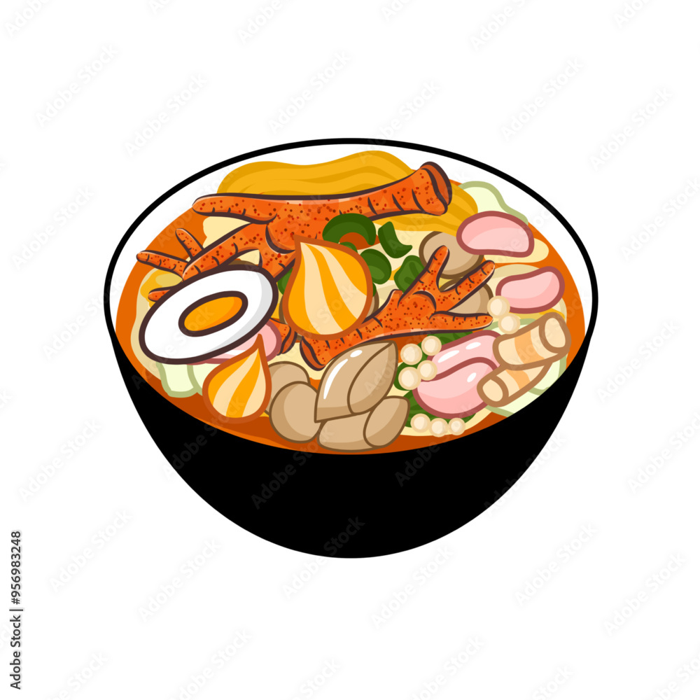 Seblak food logo design with various toppings. Illustration of a bowl ...